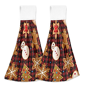Christmas Gingerbread Cookies Kitchen Hanging Towel 12 x 17 Inch Tree Snowman Hand Tie Towels Set 2 Pcs Tea Bar Dish Cloths Dry Towel Soft Absorbent Durable for Bathroom Laundry Room Decor