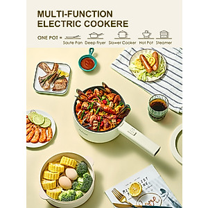 Yabano Electric Pot, 850W Non-Stick Electric Hot Pot with Steamer,1.6L Noodles Cooker with Dual Power Control, Portable Pot For Dorm, Office, Travel with Silicone Spatula Included, BPA Free, White