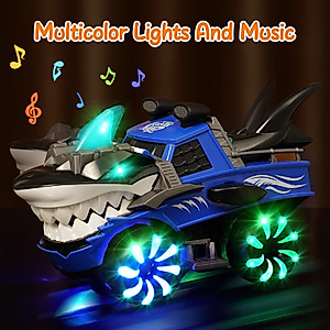 Shark Monster Truck Toy for Baby Boy,Shark Car Lights Up Toy with Chomper Shakes Sounds Blue Shark Truck Toys for Toddlers 1 2 3 4 5 Years Old Babies Girls Kids Birthday Party Favors