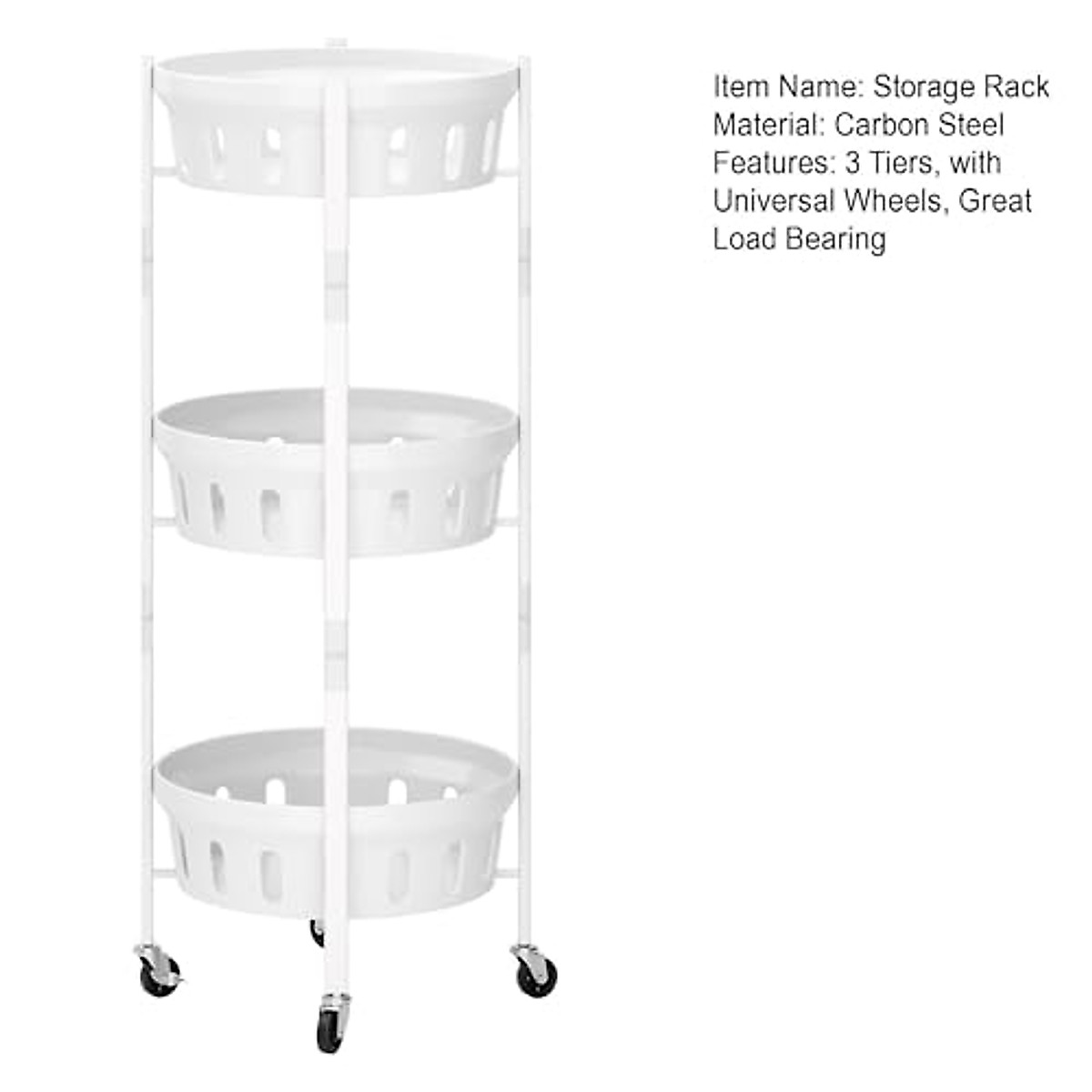 TOLUON Foldable Kitchen Storage Rack with Universal Wheels, 3 Tiers Large Capacity Smooth Sliding Vegetable Basket, Sturdy Construction No Installation Sundries Storage Shelf for Dorm Office White