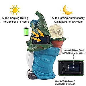 Trysea Garden Statue Gnome Figurine, Resin Gnome Figurine Carrying Magic Orb with Solar LED Light for Outdoor, Patio Lawn Yard Porch Garden Decor, Housewarming Festival Gift