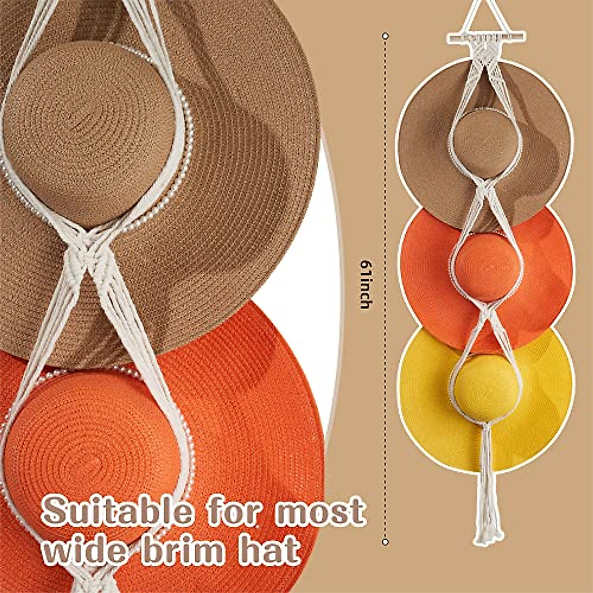 Boho Hat Hangers for Wall, Hat Organizer, Wall Hanging Hat Holder, Bohemian Hand Weaving Hat Storage and Hat Display for Straw Hats and Wide Brim Hats, Decorative Hat Rack for Closet and Door (WHITE)