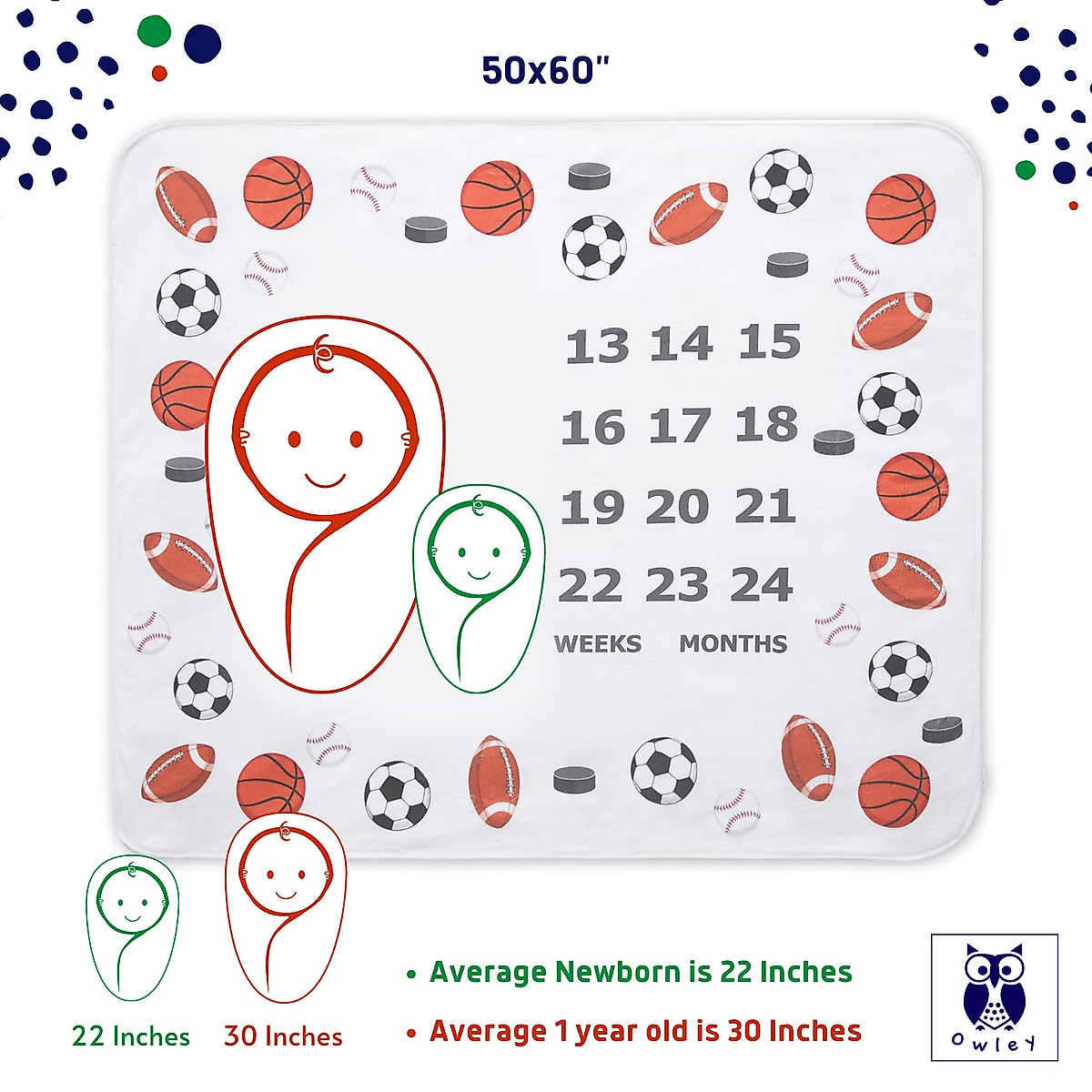 OWLEY Monthly Milestone Blanket for Newborns to Toddlers, Double Sided 1-24 Weeks or Months, Oversized 60x50 in, Perfect Unisex Gift for Baby Showers, Sports Fans’ Birthdays, Baby Boys, Girls