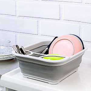 SAMMART Collapsible Dish Drainer with Drainer Board - Foldable Drying Rack Set - Portable Dinnerware Organizer - Space Saving Kitchen Storage Tray (1, Grey)
