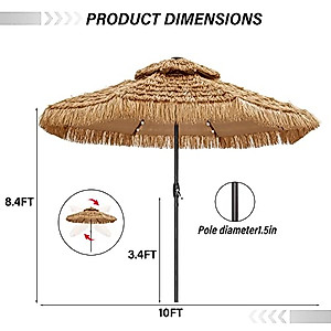 GDY 10FT 40 LED Hula Thatched Tiki Umbrella, Hawaiian Style Beach Patio Umbrellas with Center Light for Patio Garden Beach Pool Backyard