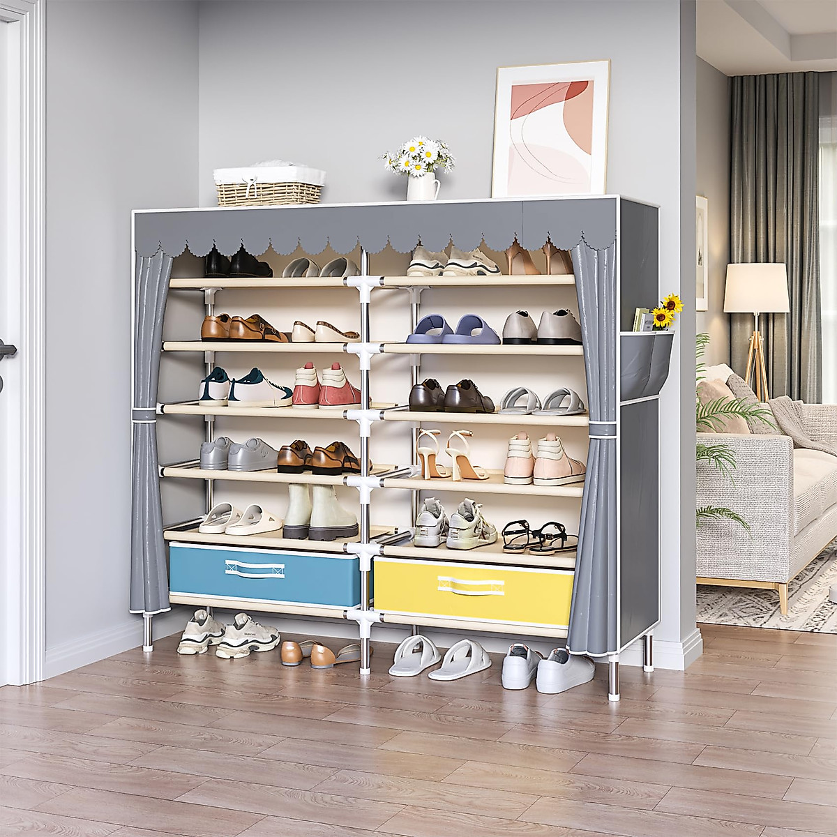 LEAIJIAFY Double Row 6 Tier Shoe Rack Storage Organizer with Cover and 2 Drawers,Portable Standing Shoe Shelf for Garage EntrywaySmall Spaces,16MM Metal Tubes,Gray