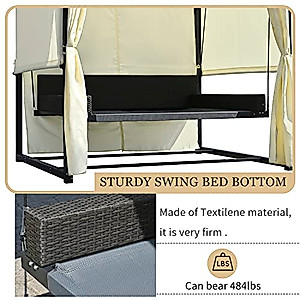 Campfun Patio Swing Bed, 3-Seat Outdoor Swing Bed, Daybed Swings for Outside Porch Bed, Patio Rattan Swing Bench with Steel Stand/Canopy/Curtain/Cushion and Pillow for Backyard Lawn Poolside, Beige