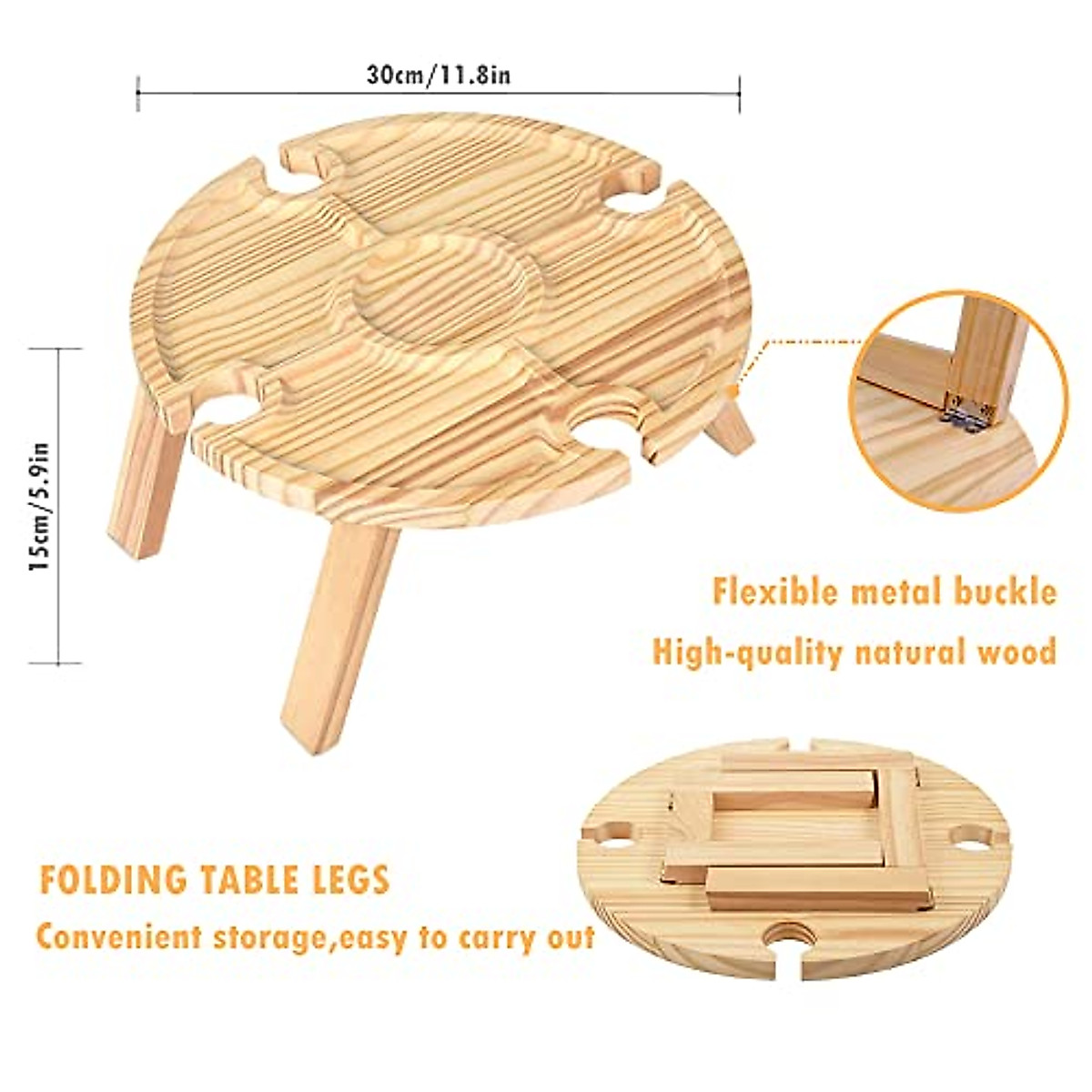 YWMSGM Outdoor Folding Picnic Table, Wooden Portable Cheese Tray or Fruit Snack Compartment Tray with 4 Wine Glass Holders, No Assembly Required, Suitable for Potluck Camping, Beach Concert
