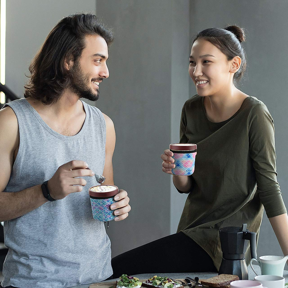 2 Pack Mermaid Pattern Print Size Ice Cream Sleeves Cozy Neoprene Cover with Spoon Holder Cover (Fish-Scale)