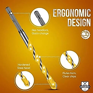 Baker and Bolt Masonry Drill Bit Set, 5 Pcs Concrete Drill Bit Set, for Ceramic Tile Brick Wood Plastic Cement. Impact Ready. Tungsten Carbide Tips 5.12'' Long, Sizes 3/16, 1/4, 5/16, 3/8, 1/2.