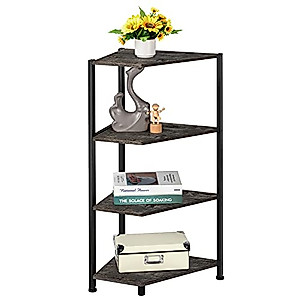 Corner Shelf,4 Tier Corner Bookshelf Bookcase,Freestanding Corner Shelf Stand,Wood Storage Stand with Metal Frame for Small Space,Entryway,Home Office,Grey(15.87x12x34.5 inch)