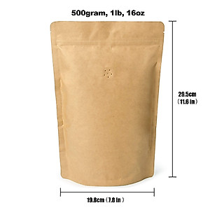 500g 16oz 1lb Kraft Paper Stand up Zipper Pouches Coffee Bags Coffee Pouches with Valve (Pack of 50)
