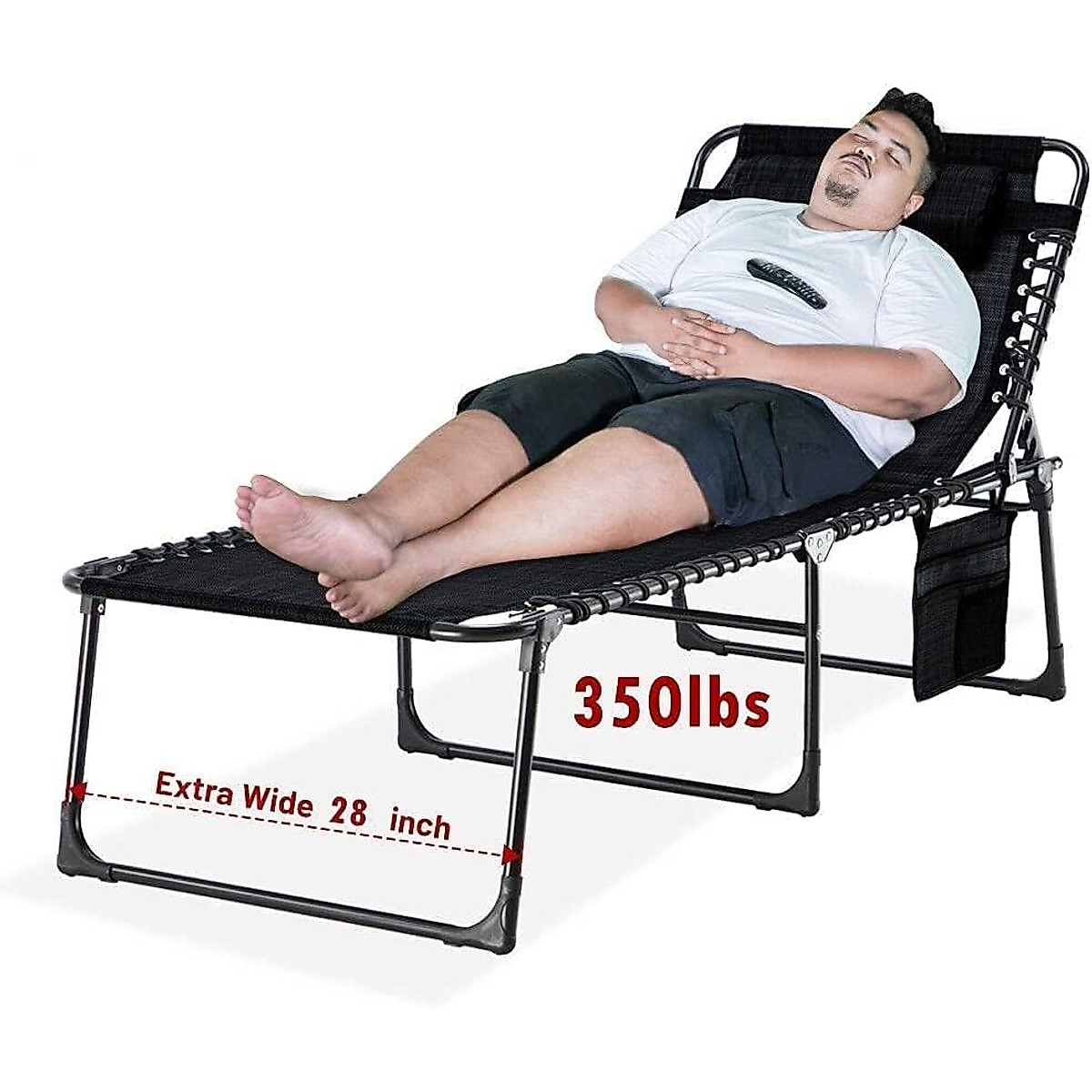 EZCHEER Oversize Folding Chaise Lounge Outdoor, 16 inch Extra High Patio Camping Sunbathing Recliner, Support 350lbs Lay Flat Pool Beach Lawn Chair with Storage Bag, Black