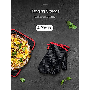 Oven Mitts Set of 4, Heat Resistant up to 572°F, Cotton Baking Gloves with Non-Slip Silicone, Cooking Gloves for Grilling and BBQ, Baking, Cooking, Black