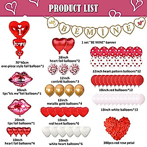 Valentines Day Balloon Arch Garland Kit, Red White Love Balloons Red Confetti Balloons Red Rose Petals Heart Garland I Love U Balloon Be Mine Banner for Valentine Day Engagement Wedding Decorations