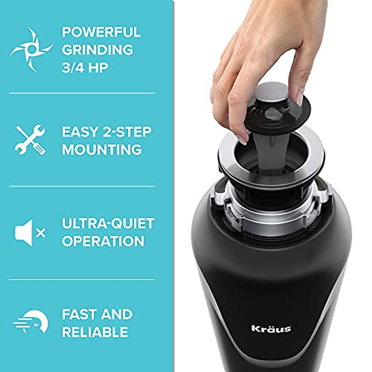 Kraus KWD100-75MBL WasteGuard Continuous Feed Garbage Disposal with 3/4 Horsepower Ultra-Quiet Motor for Kitchen Sinks with Power Cord and Flange Included, 15.25 inch, Black