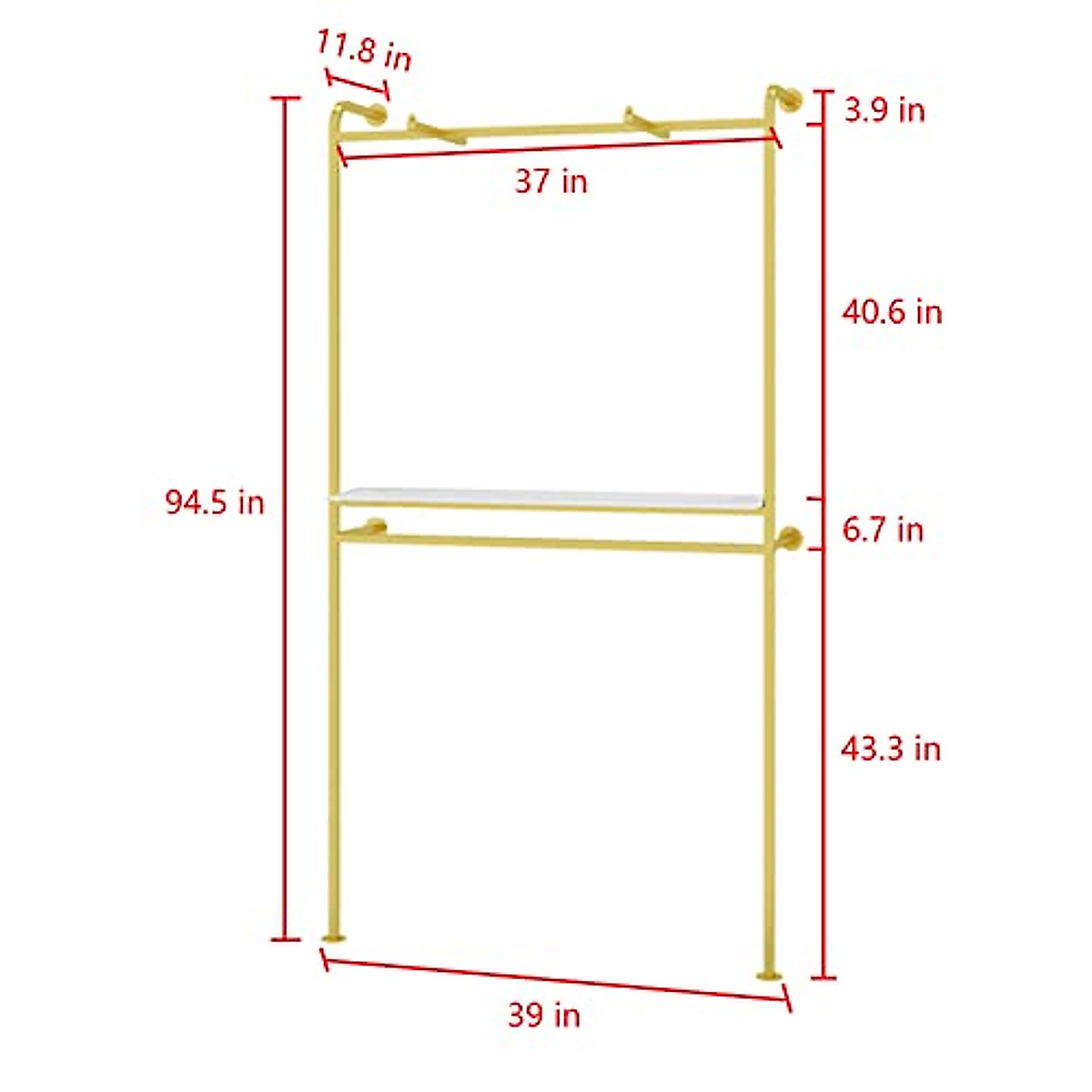 FURVOKIA Creative Wall Mounted 2 Tier Clothes Display Rack,Clothing Retail Store Floor-Standing Garment Rack,Organization Clothing Metal Hanging Rod,Storage Shoes Bags Shelf (39" L, Gold with Wood)