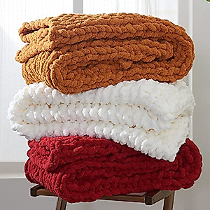 Longhui bedding Handmade Chunky Knit Blankets, Luxurious Chenille Cable Knit Throw Blanket Yarn for Couch Sofa and Bed, Ultra Soft Decorative Burnt Orange Christmas Blanket, Machine Washable 51 x 63