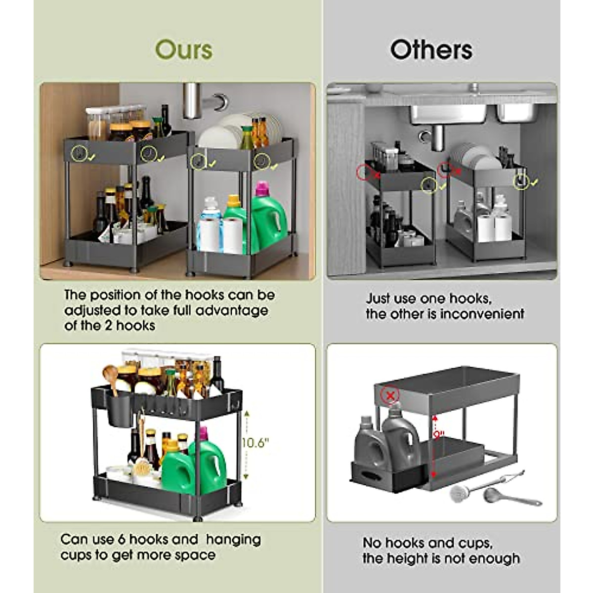 2 Pack Under Sink Organizer, 2 Tier Under Sink Organizers and Storage Bathroom Organizer Countertop, Under Sink Storage Under Cabinet Organizer for Bathroom Kitchen Countertop and Cabinet