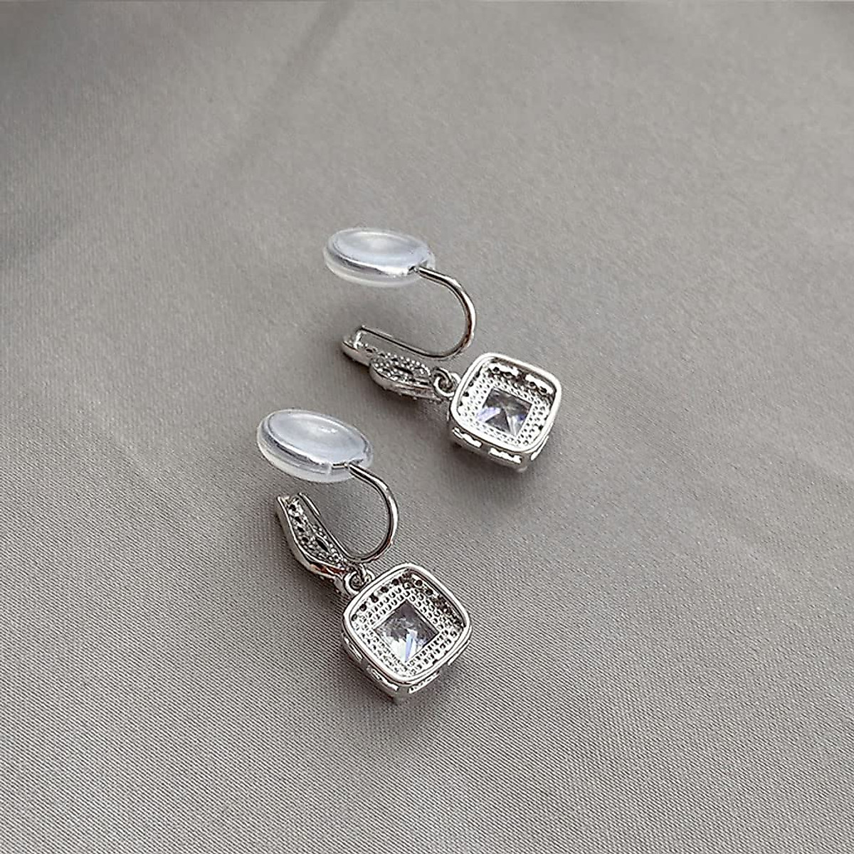 Soar-leap Silver Crystal Square Clip On Earrings Diamond Dangle Earrings for Women Girls Non Pierced for Brides Wedding Bridesmaid