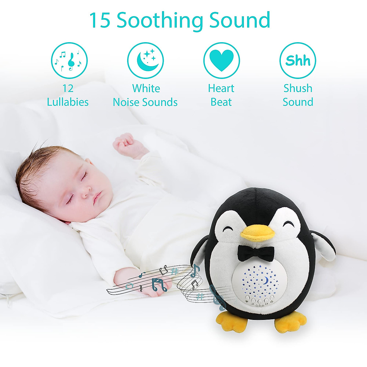 Baby Sleep Soother Penguin, White Noise Machine, Crib Toy with Cry Activated Sensor, Unique Baby Girl Gifts & Baby Boy Gifts, Woodland Baby Shower Gifts, Portable Sleep Aid Night Light