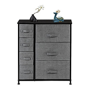 7-Drawer Fabric Dresser Tower, Fabric Storage Chest Tower, Steel Frame, Wood Top for Bedroom, Hallway, Closet Storage Unit Organize Home, Entryway, Stable, Lightweight, Versatile 66lb Capacity Grey
