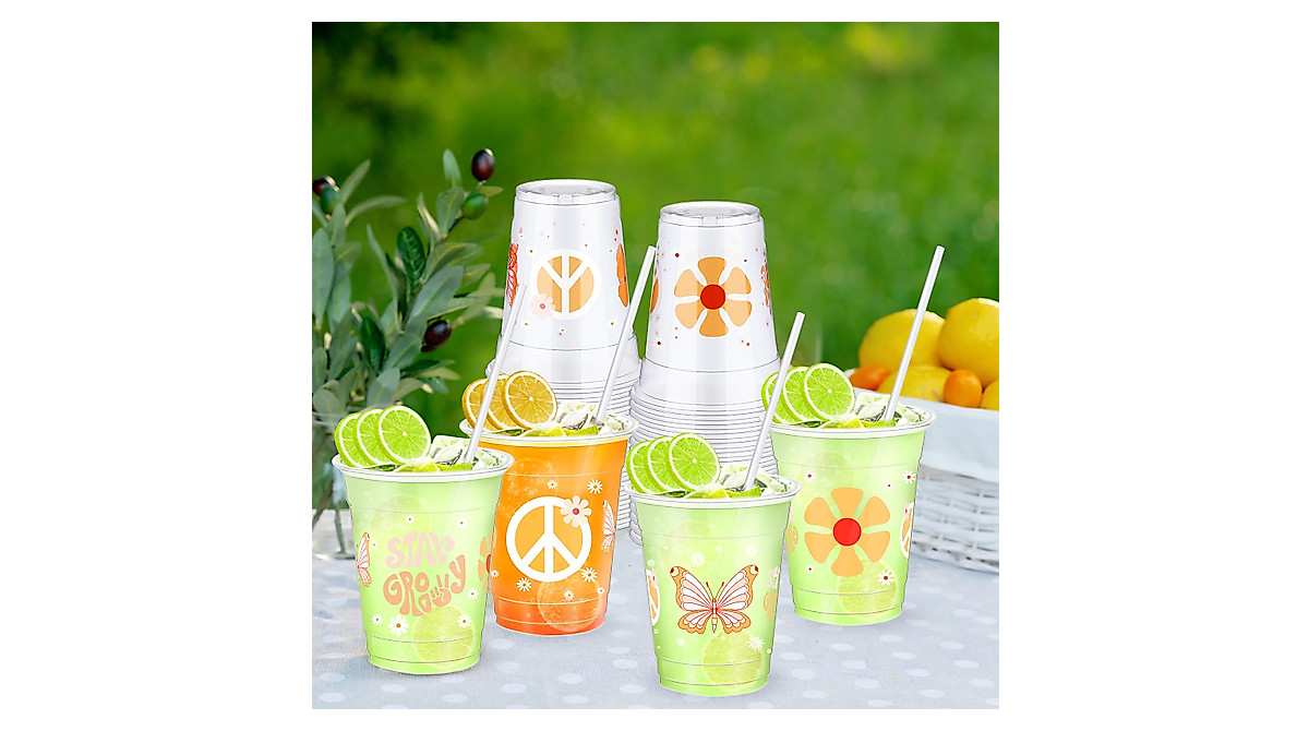 Sliner 50 Pcs Boho Plastic Cups with Straws - Party Essential