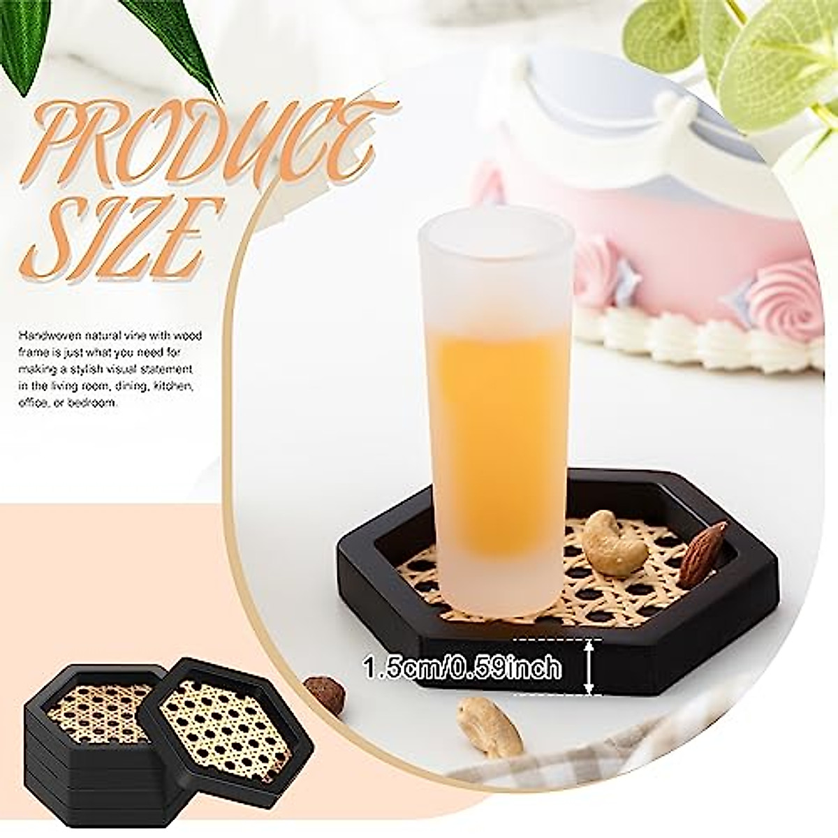 Rectangle Rattan Hometray Serving Tray with 4 Pcs Hexagon Rattan Black Coasters Ottoman Food Tray Rattan Decorate Basket Tray with Wooden Frame for Coffee Breakfast Drink Jewelry Accessory Square Tray