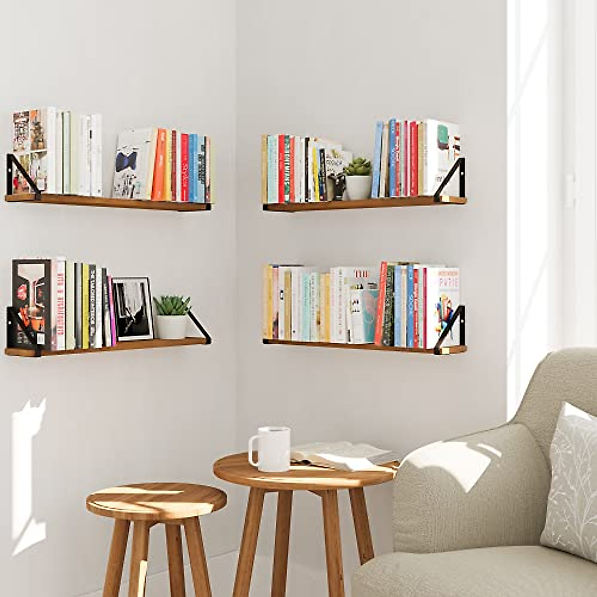 Wallniture Ponza Floating Shelves for Wall, 24" Rustic Wood Wall Shelves for Bedroom Decor, Living Room Book Shelves, Kitchen Organization Walnut Set of 4