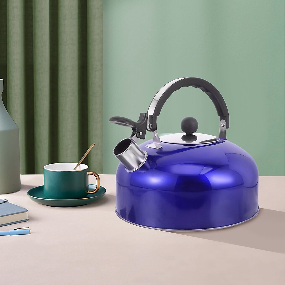 BESTonZON Whistling Tea Kettle Tea Bottle Stainless Steel Stovetop Teapot 4L Camping Water Kettle Kitchen Coffee Kettle Metal Water Pot with Cool Handle for Home Office Blue