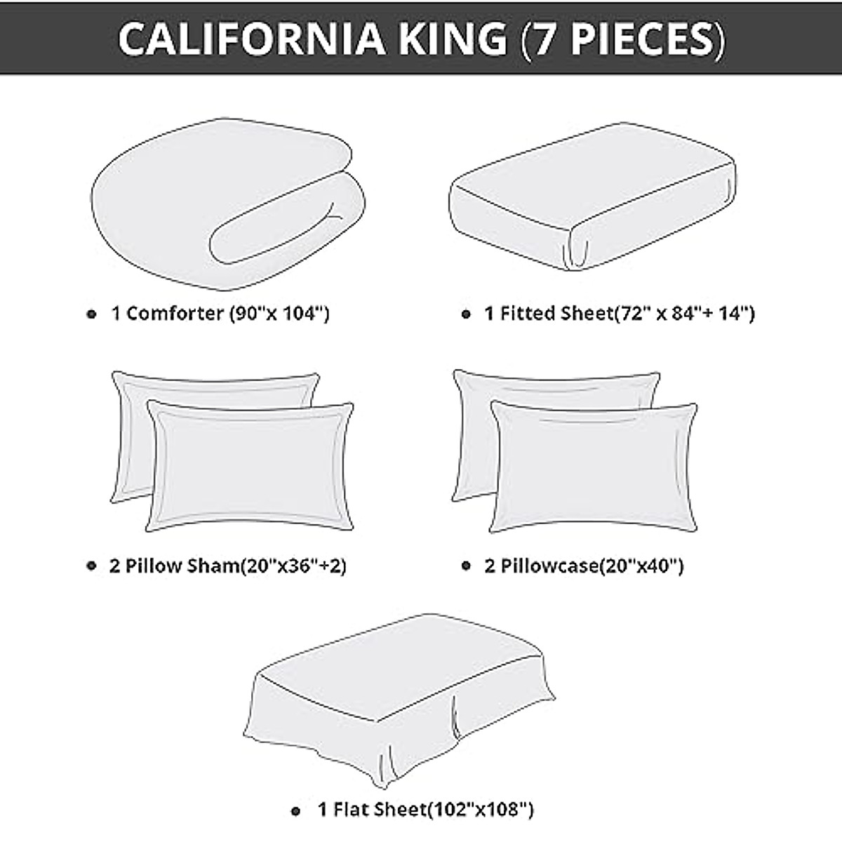 HEVUMYI California King Comforter Set 7 Pieces, All Season Bed in a Bag, Down Alternative Bedding Sets with Comforter, Flat Sheet, Fitted Sheet, Pillowcases & Pillow Shams (Dark Gray,104x90 Inch)