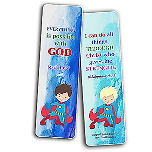 Religious Bookmarks for Kids - Super Hero (12 Pack) - Collection of Bible Verses for Kids - Stocking Stuffers Devotional Bible Study - Church Ministry Supplies Teacher Classroom Incentive Gifts
