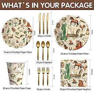 HIPVVILD Western Cowboy Party Decorations Tableware - Wild West Rodeo Theme Birthday Baby Shower Party Supplies Table Decorations, Paper Plate, Cup, Napkin, Disposable Cutlery | Serve 24