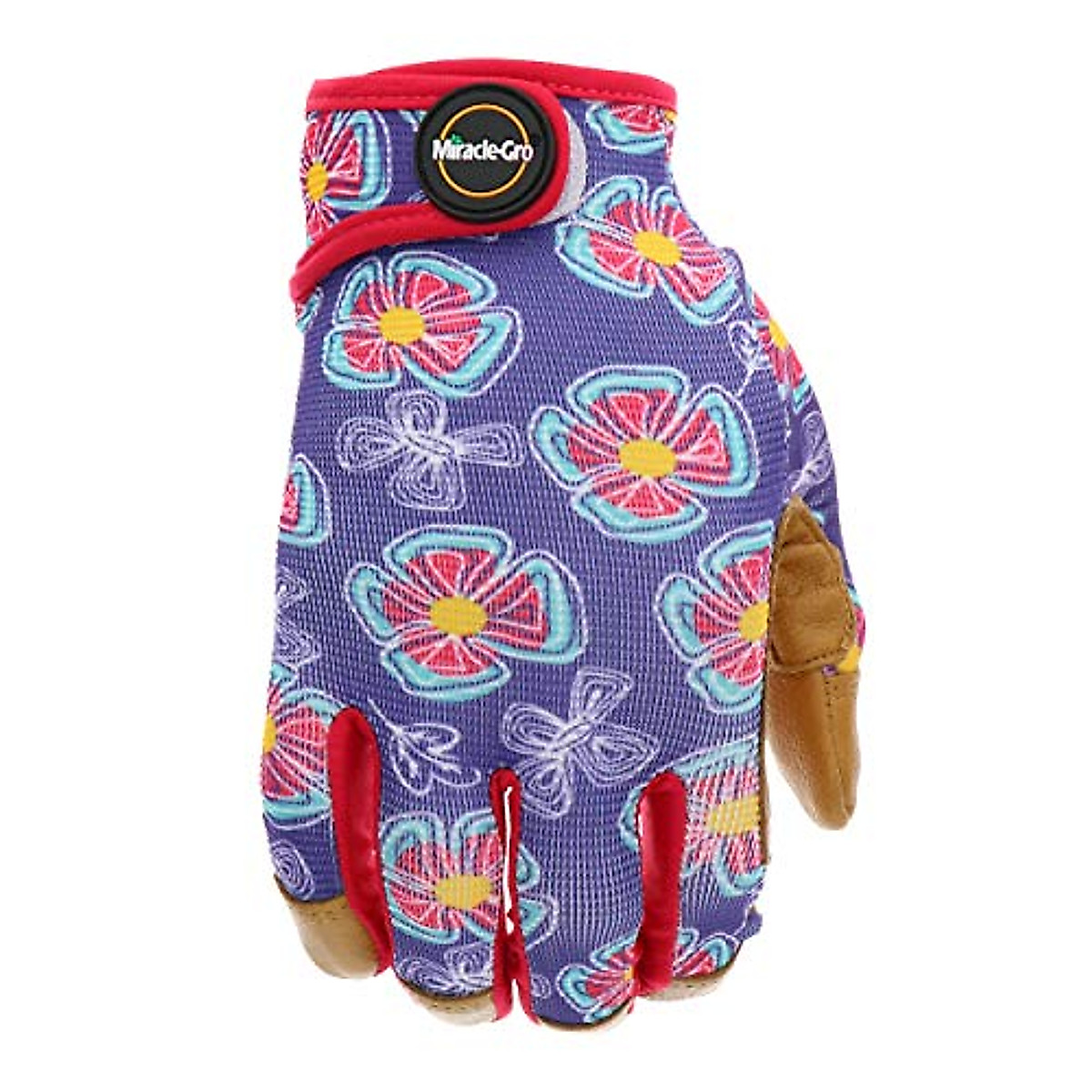 Miracle-Gro MG86212 Durable Fit Gloves – [Tan/Purple Floral Print, Medium/Large], Goatskin Leather Palm Gloves