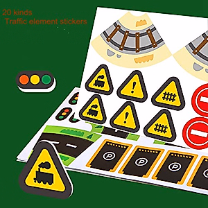 Clorful Imaginative Road Tape for Kids Toy Cars, 2 Rolls of 16.4ft x2.4 inch Adhesive Railway & Highway Tracks with Traffic Signs and Curved Roads.