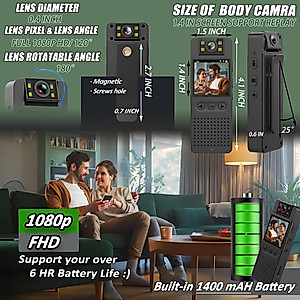 Body Camera with 1080P HD Recording 1.4 in Screen Recorder With 64GB Card, Flashlight Mode, Loop Record, 6HR Battery Life Wearable Cameras Police Cop Cam for Outdoor, Law Enforcement, Guard, Travel