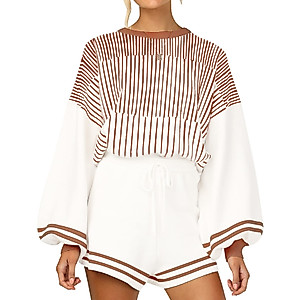 Gihuo Women' s Striped 2 Piece Outfits Crewneck Knit Pullover Sweater Shorts Set Wide Leg Matching Set Loungewear(Brown-M)