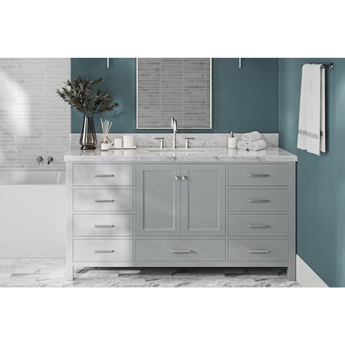 ARIEL Single Bath Vanity 67" Inch Grey, 1.5" Edge Carrara Marble Countertop & Splash, Rectangular Sink, 2 Soft Closing Doors, 9 Full Extension Dovetail Drawers, Brushed Nickel