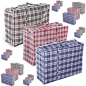 Set of 5 Large EXTRA-WIDE Plastic Checkered Laundry Bags with Zipper & Handles. Size=18"H x 16"L x 8.5"W. Colors Vary between Blue, Red, Black & White. Great for Shopping, Storage, Laundry