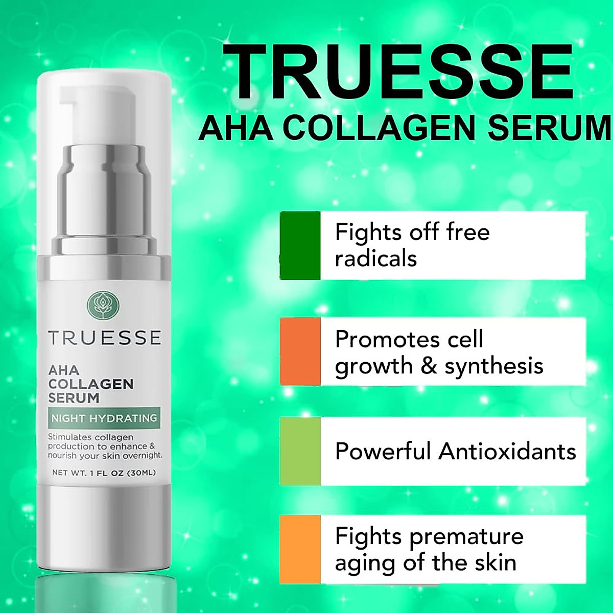 TRUESSE AHA Collagen Serum - Serum for Face - Collagen Peptide - Nighttime Moisturizer - Anti-Aging Serum - Overnight Facial Serum, 1 fl oz…
