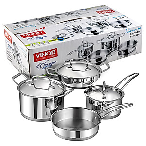 Vinod Classic Deluxe Stainless Steel Cookware Combo Set of 4 Pcs/Saucepan, Saucepot, Kadai and Frypan/Deep Kadhai for Cooking/Heavy Induction Bottom