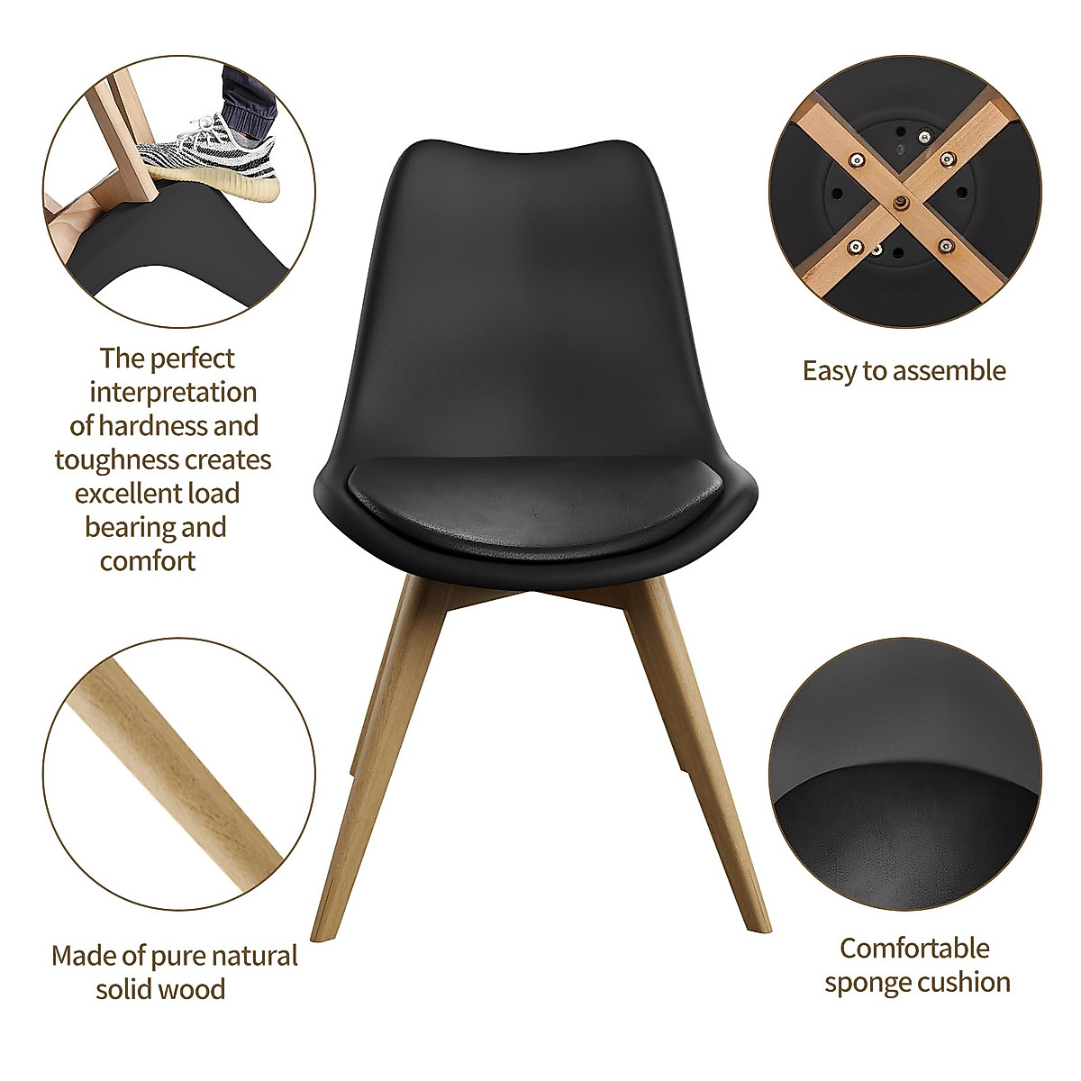 KR EVERKIND Modern Dining Room Chair Set of 4, Mid Century Modern Shell Chair with Beech Wood Legs and Soft Padded, DSW Upholstered Side Chair for Kitchen, Dining, Bedroom, Living Room, Black