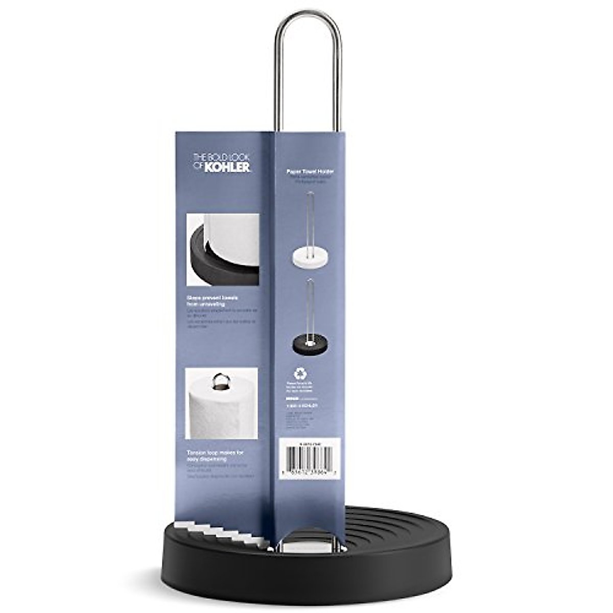 KOHLER Paper Towel Holder with Weighted Base, Tension Loop, Quick One Handed Tear, (Fits Standard and Oversized Rolls), Charcoal