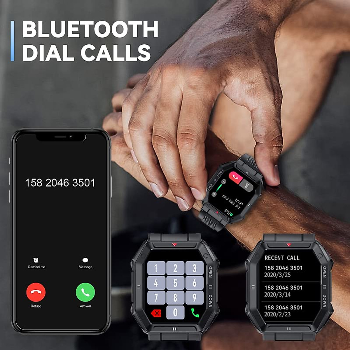 XAXRE Military Smart Watch for Men (Answer/Make Call) 1.85” Outdoor Tactical Sports Smartwatch IP67 Waterproof Rugged Fitness Tracker Heart Rate Sleep Monitor Compatible with iPhone Android