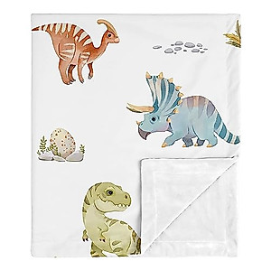 Sweet Jojo Designs Watercolor Dinosaur Dino Boy Soft Baby Blanket Receiving Security Stroller Swaddle Toddler Newborn Infant Kids Travel Warm Minky Green Slate Blue White Modern Jurassic Animal Steel