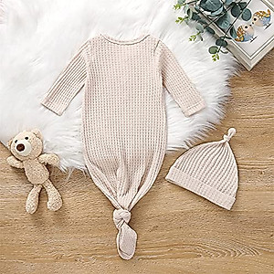 Twopumpkin Baby Girl Boy Coming Home Knotted Gown Unisex Newborn Infant Sleep Onesie Outfit Cute Baby Winter Pajamas (A Waffle Knit Cream,0-3 Months)