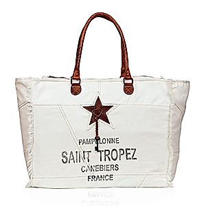 CLA 19 Inch Upcycle Canvas & Cowhide Leather Hobo Bag for Women, Canvas Beach Bag for Women, Canvas Tote Bag for Women, Canvas Weekend Bag for Women's