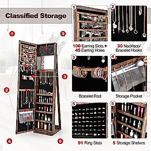 CHARMAID Jewelry Armoire with Higher Full Length Mirror, Lockable Jewelry Cabinet Organizer with Large Storage Capacity, Inside Makeup Mirror, Stable Base, Easy Assembly (Rustic Brown)