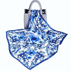 YOUR SMILE 100% Silk Scarf Women’s Fashion Pattern Large Square Satin Headscarf Headdress 24''x24'',Blue Flower