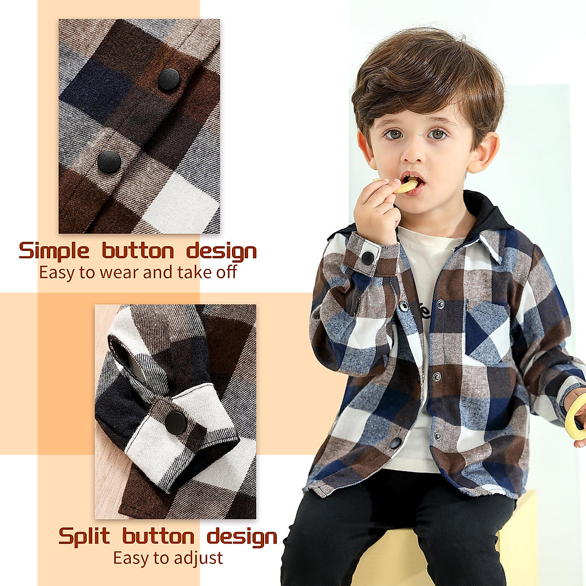 YOUNGER STAR Toddler KidsBaby Boys Hooded Plaid Shirt Classical Shirt Hooded Jacket Fall Winter Clothes (Brown, 6-12 Months)